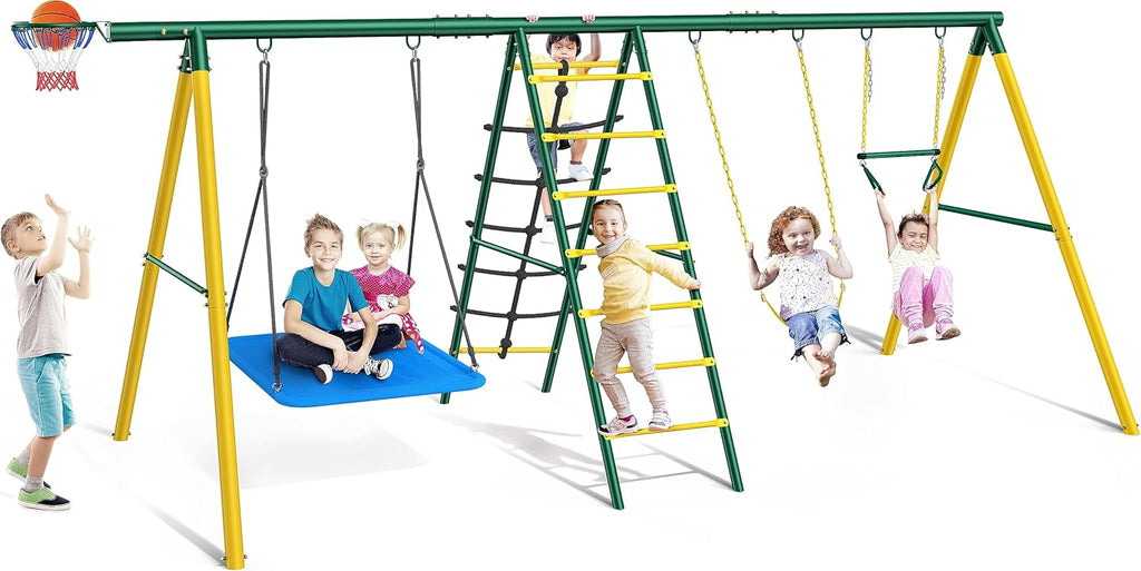 Osoeri Swing Sets for Backyard, 6 in 1 Swing Sets,Heavy-Duty Metal Swi